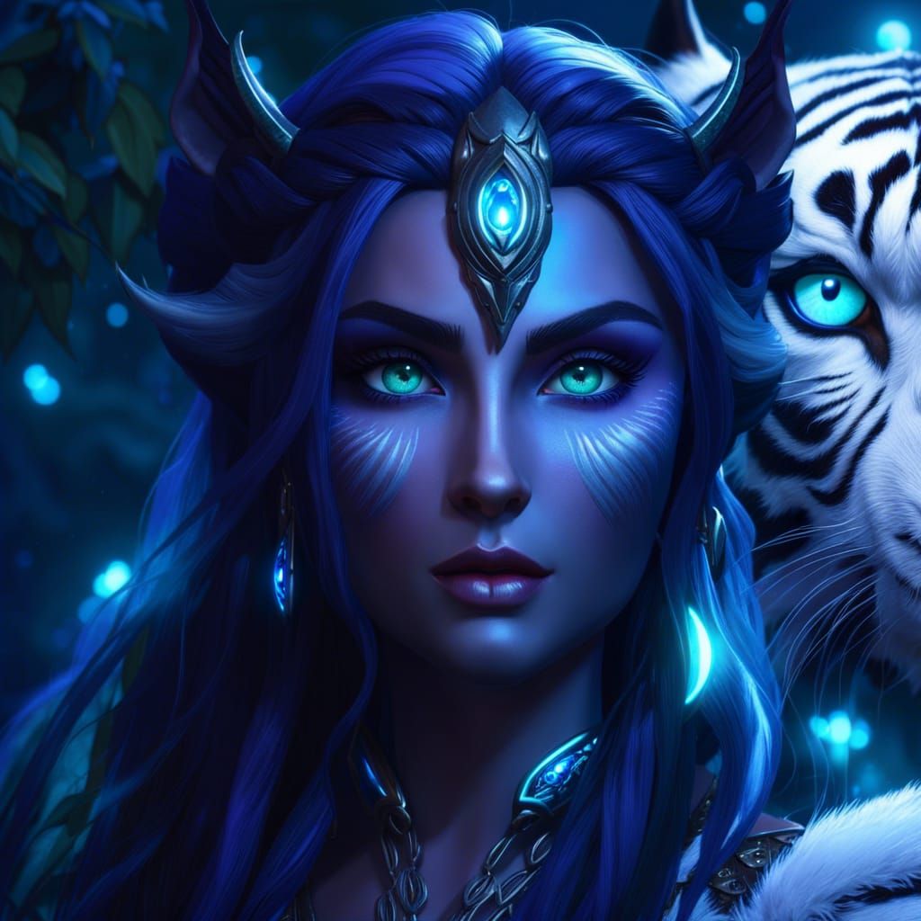 Tyrande night elf with glowing white eyes, and bioluminescent spirit ...