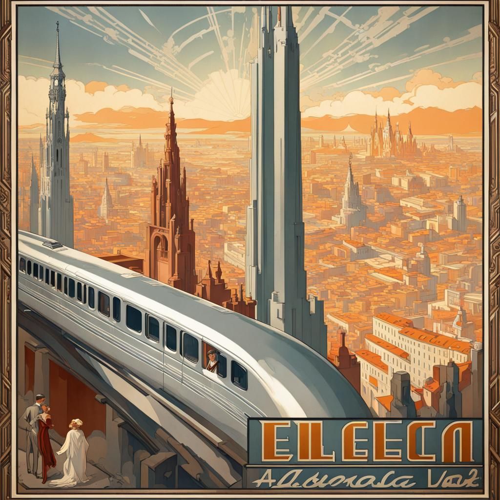 Art Deco Travel Poster Alphonse Mucha, silver plane, sleek train, tall ...