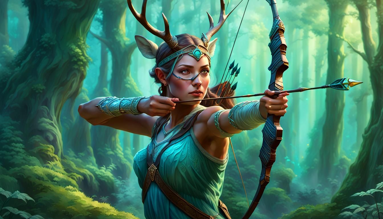 Artemis with bow and arrow stalking a stag. - AI Generated Artwork ...