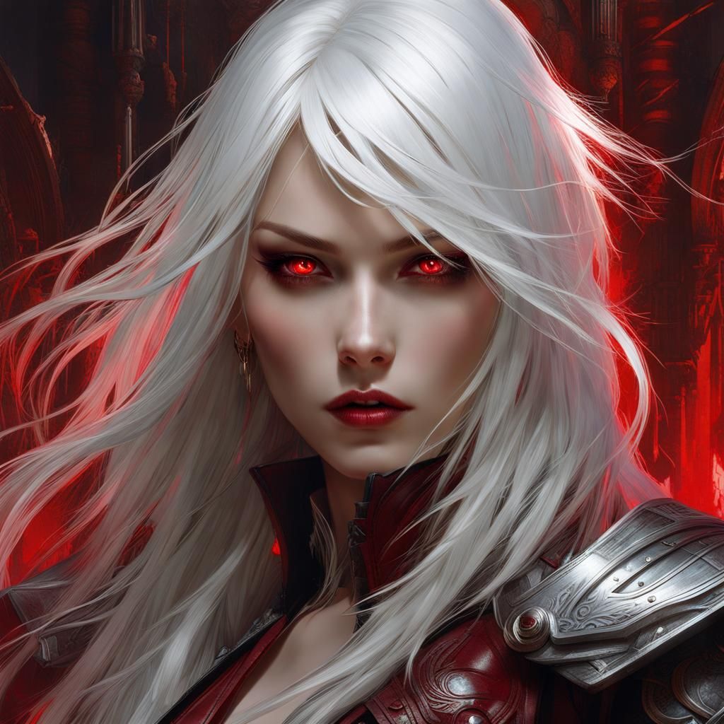 portrait of a beautiful modern fantasy hunter girl, long straight white ...