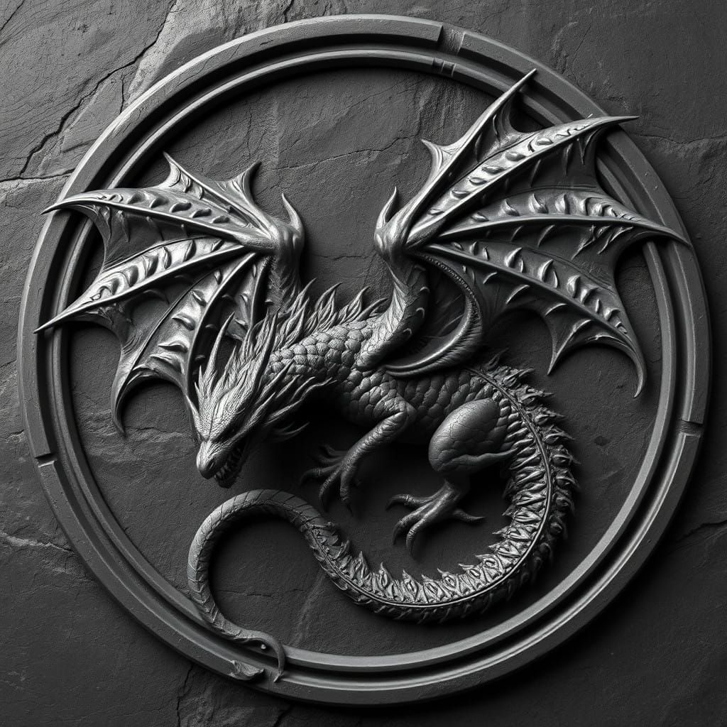 Majestic Dragon in Greyscale Bas Relief Circle - AI Art