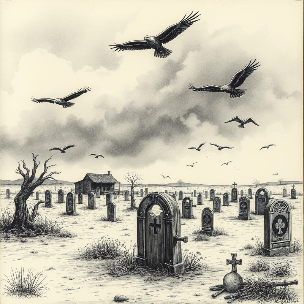 Wild West Cemetery Scene in Charcoal Drawing Style - AI Art