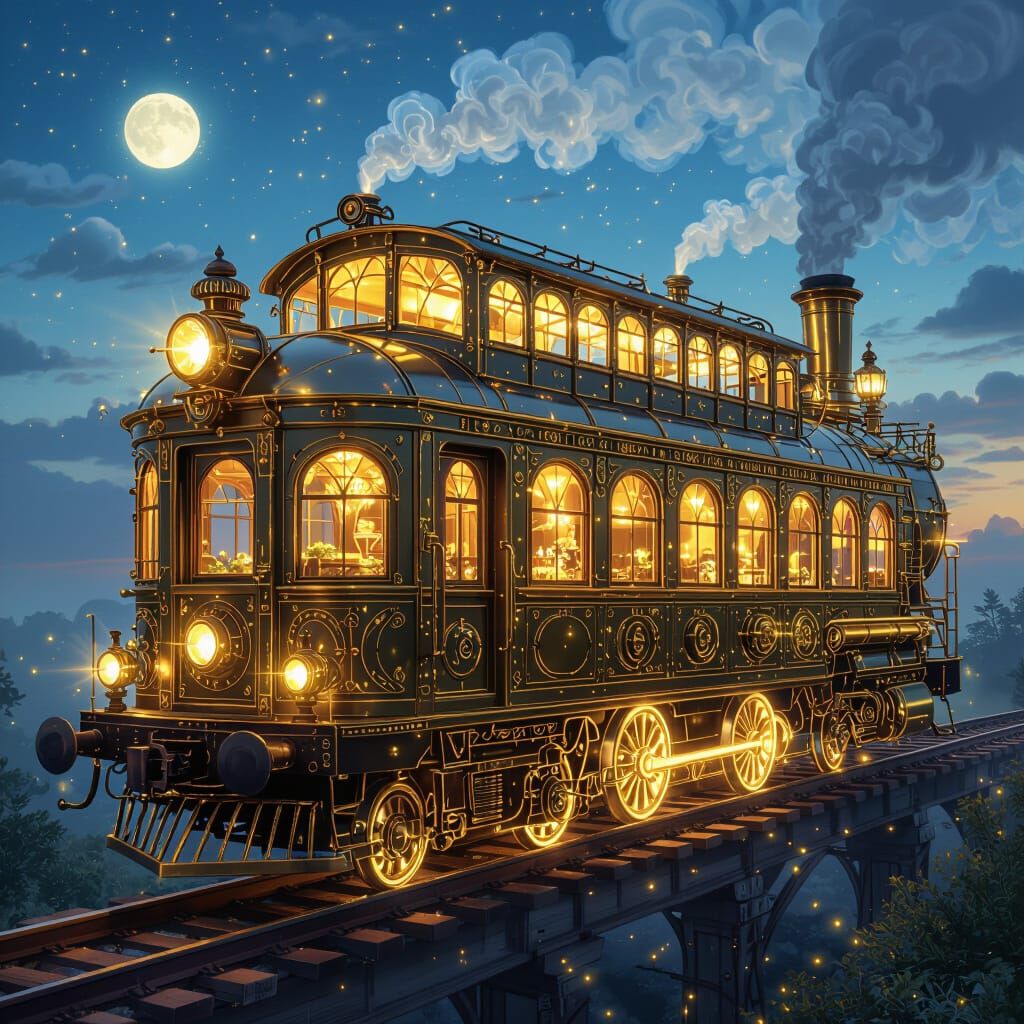 Golden Steampunk Train with Glowing Flora - AI Art