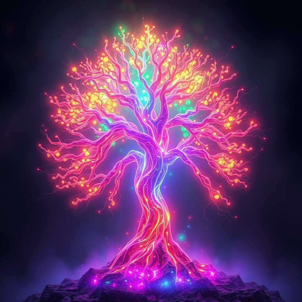 Neon Tree of Life Alien Radiates Vibrant Colors an... - AI Art