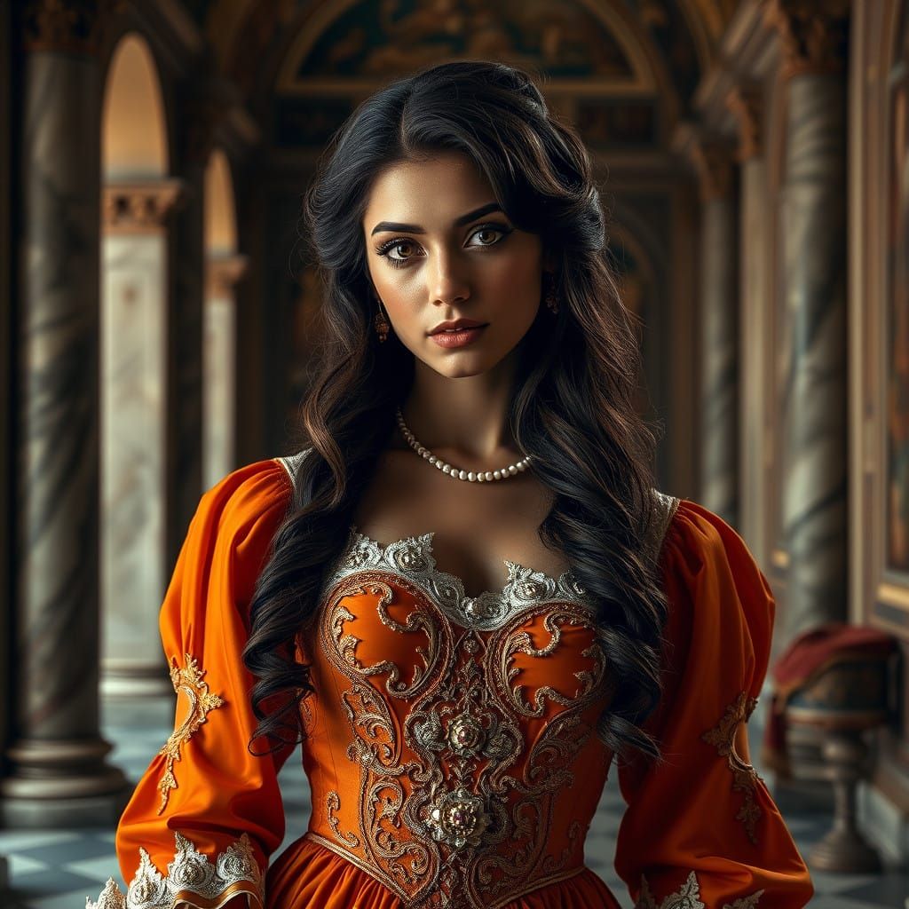 Photo portrait of a gorgeous woman of Italian descent wearing an orange ...