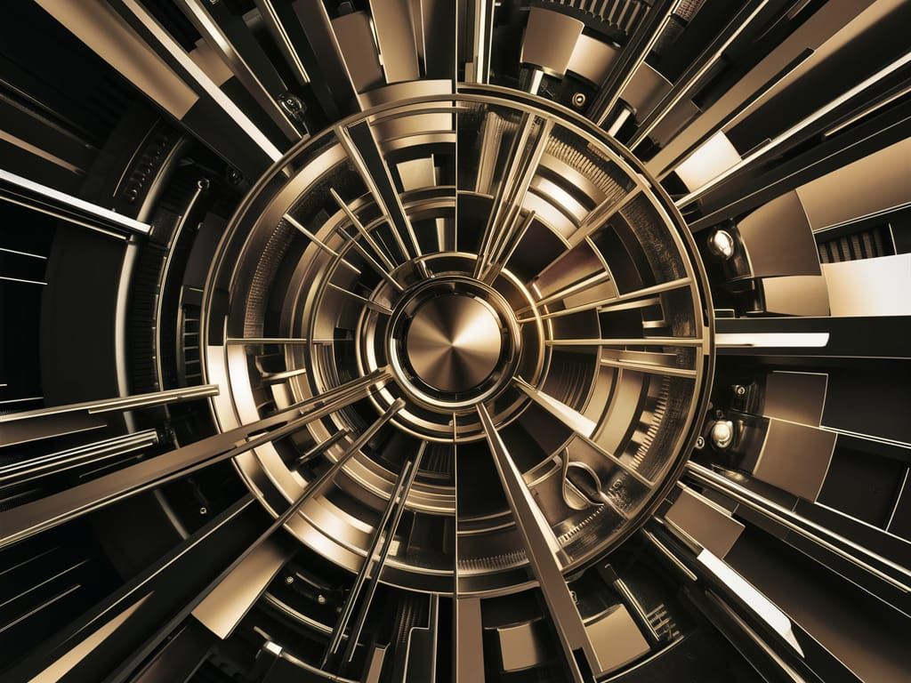 mechanical forms interwoven with geometric patterns