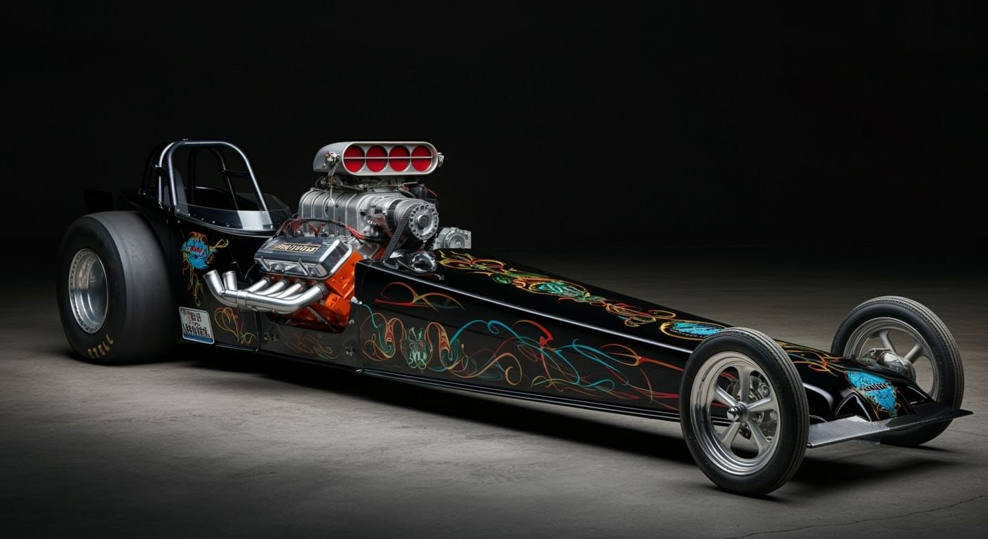 Vintage Futuristic Dragster in Gritty Neon Pinstri... - AI Art
