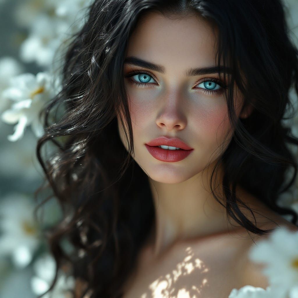 white woman, black curling hair, bright blue eyes, toned body and full red lips, golden ratio ...