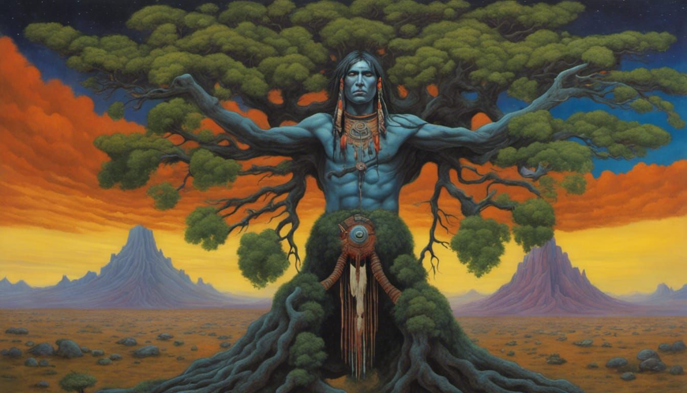 "25-year-old male Native American shaman with visions of battle around ...