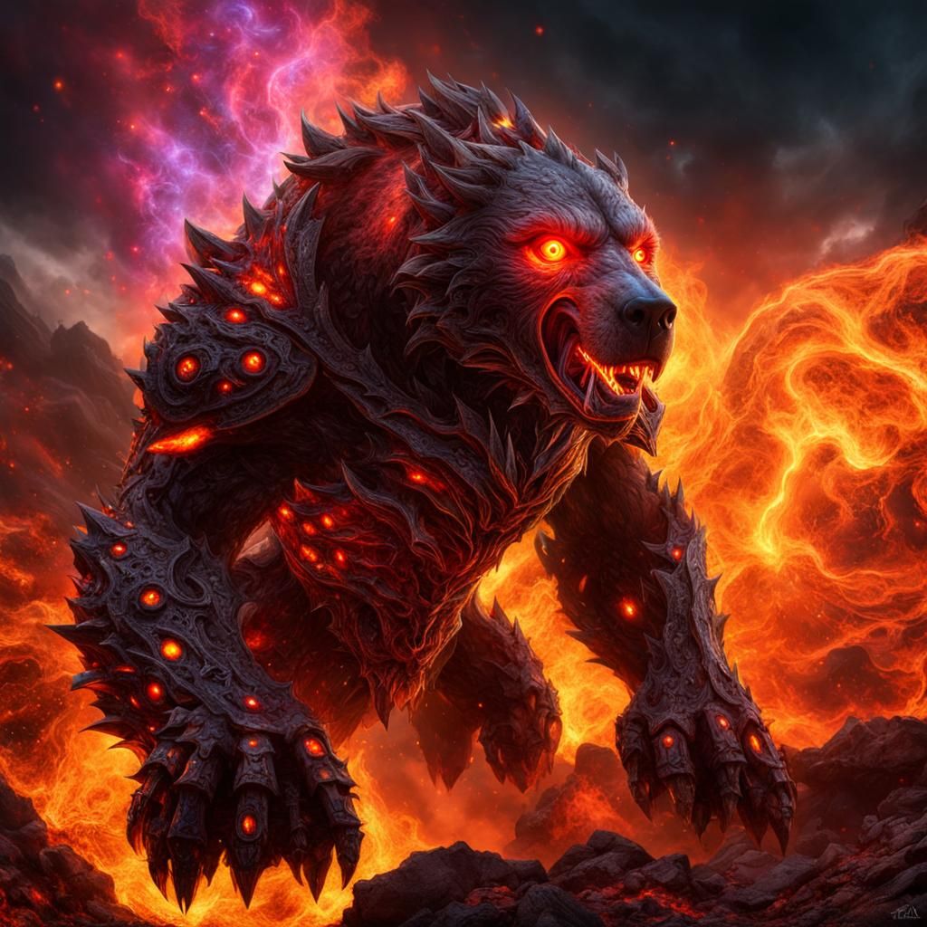 A giant floating fiend, glowing eyes, malevolent, chest burning ...