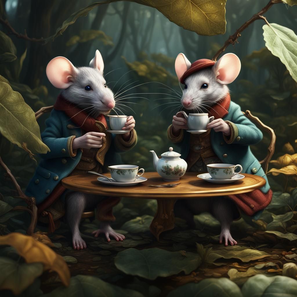 two mice wearing clothes drinking tea under a big leaf - AI Generated ...