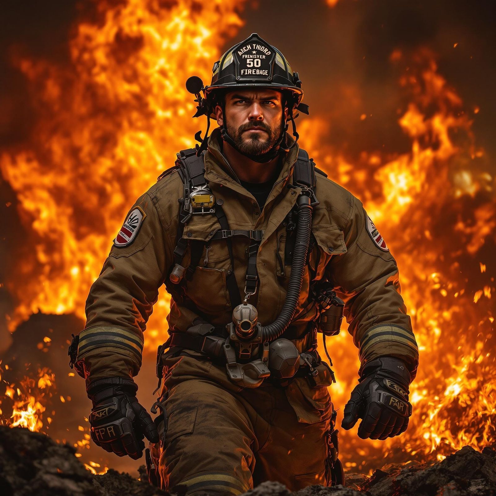 Heroic Firefighter Amidst Inferno, in Cyberpunk St... - AI Art