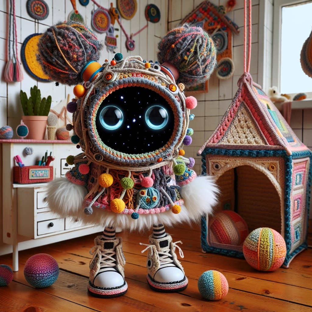 Frivolous Little Fluffy Person Wearing Sci-Fi Macrame Sci-Fi Pompom Space-Buns & Sci-Fi Quilted ...