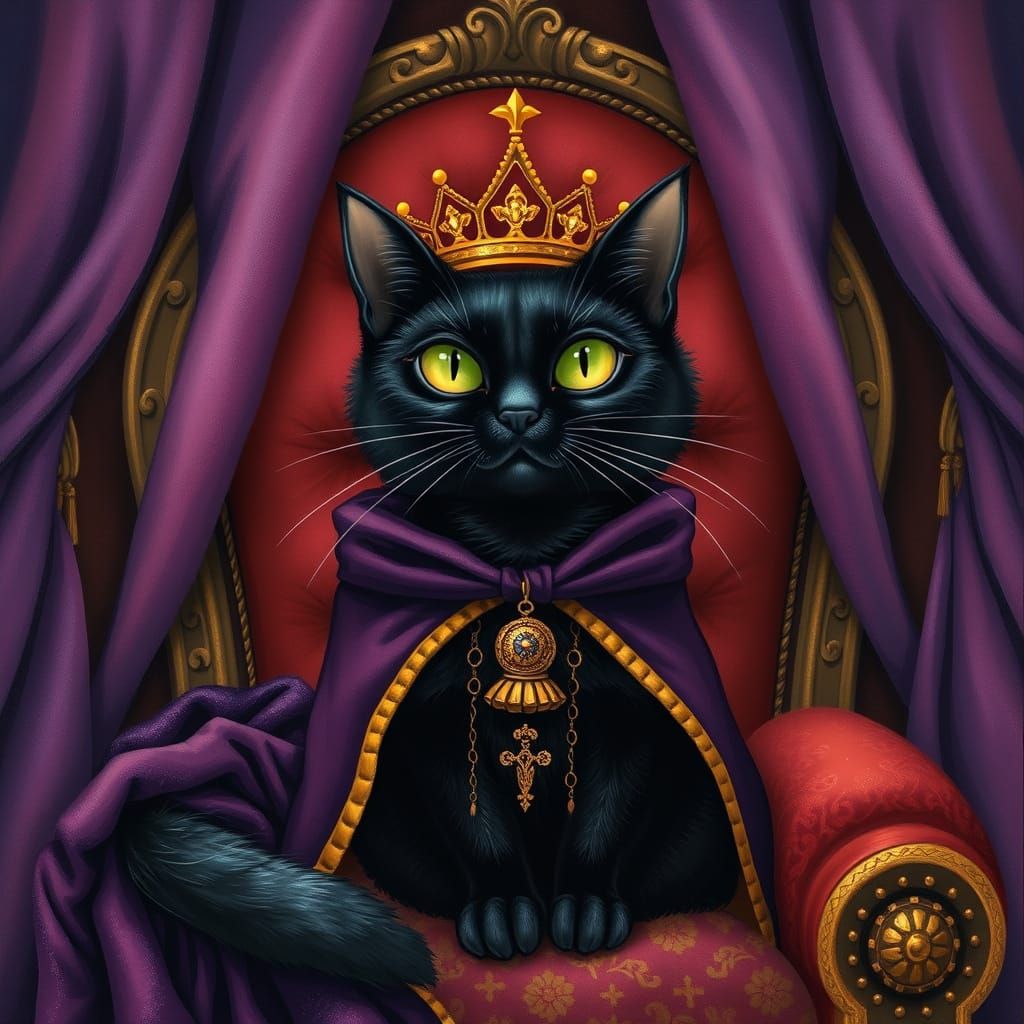 Regal Black Cat in Lavish Velvet Attire - AI Art