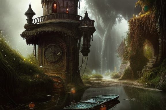 Peaceful hidden backwater, whimsical fantasy steampunk Epic cinematic ...