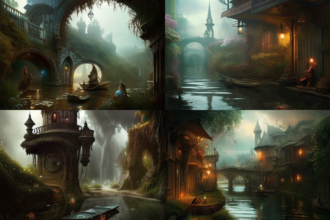 Peaceful hidden backwater, whimsical fantasy steampunk Epic cinematic ...