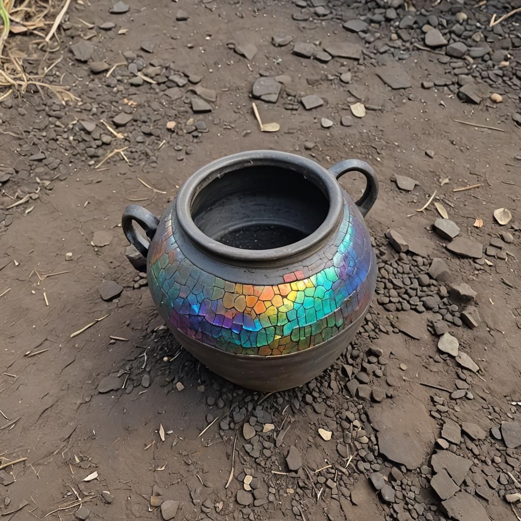 Raku clay pot, iridescent, in fire ash, on dirt ground - AI Generated ...