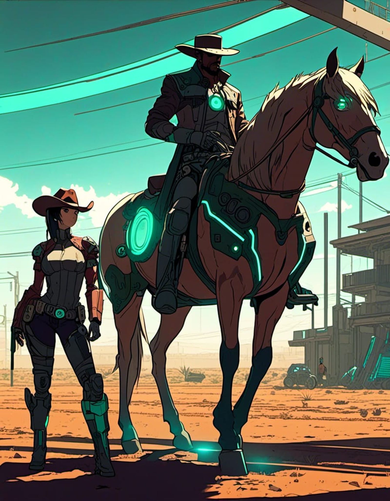Picture of a Cyberpunk themed Anime Cowboy next to a bionic horse in a ...