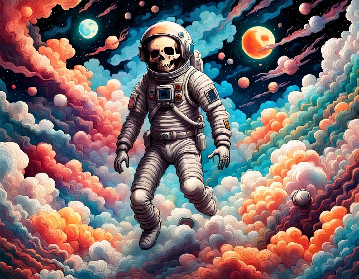 Skeleton astronaut floating through a sea of stars, Massive clouds of ...