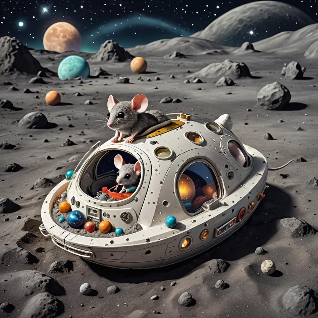 alien mouse in mini spaceship on the moon surface, starry night sky ...