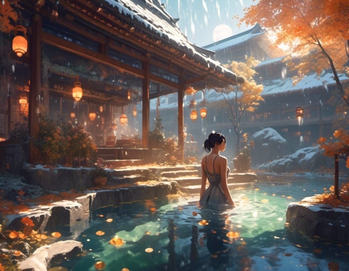 woman at solarpunk winter bathhouse!!!! japanese onsen!!! soft colors ...