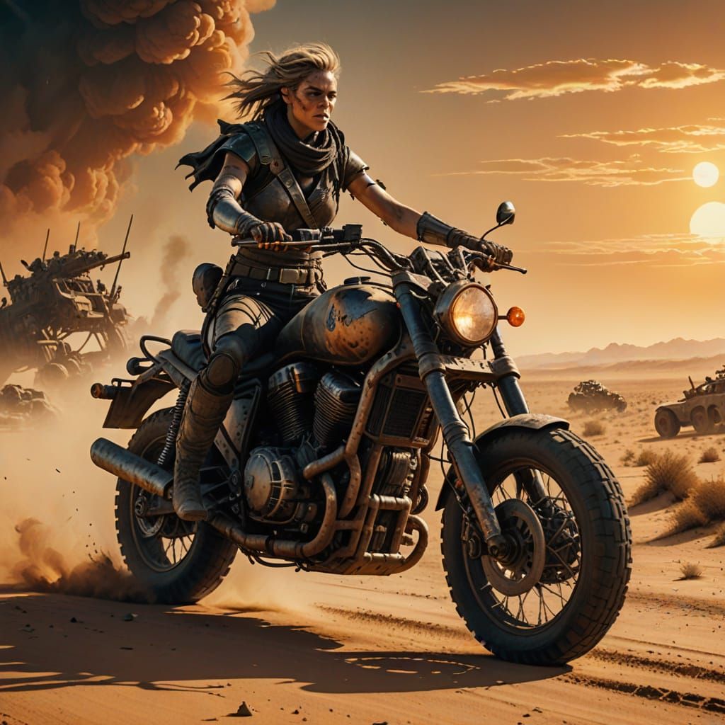 Gritty Post-Apocalyptic Warrior Rides Across the D... - AI Art