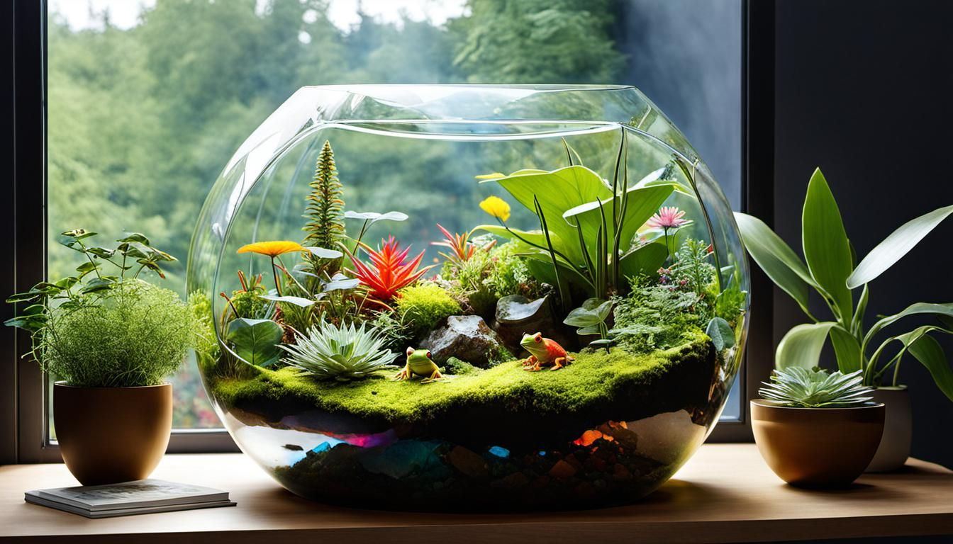 Terrarium in a big crystal container with some beautiful plants and a ...