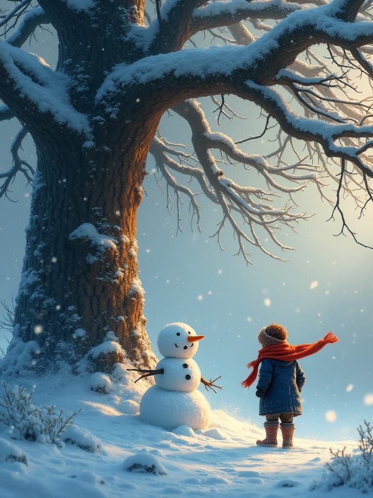 A child builds a snowman beneath a pine trees