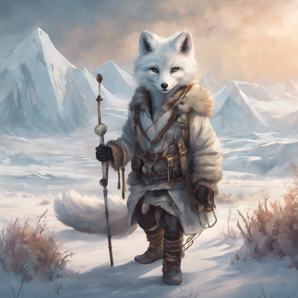 Full body of a tribal anthropomorphic bipedal arctic fox with inuit ...