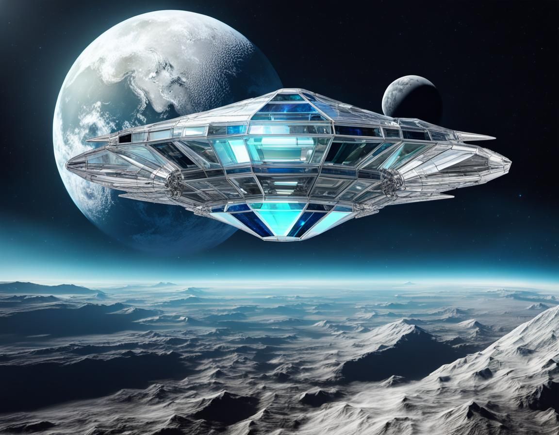 Transparent crystal gemstone spaceship, hovering over the moon with ...