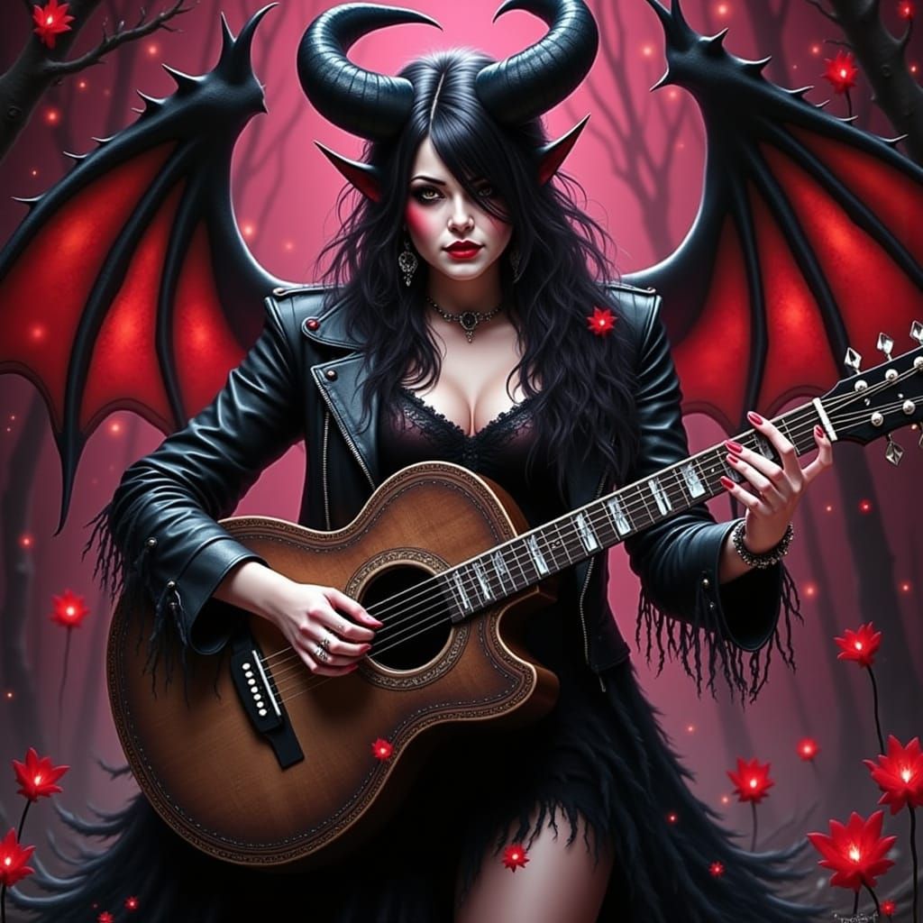 Seductive Demon Bard Reveals Souls on Stage in Neo... - AI Art