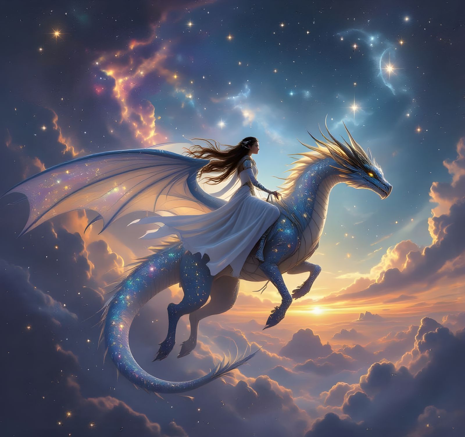 Cosmic Rider - Elven Rider on Celestial Dragon in Nebula Sky