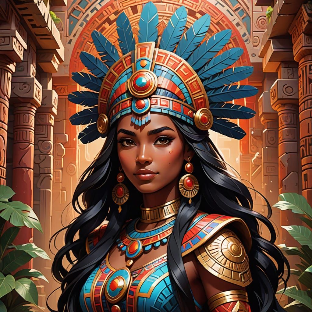 "Charming Aztec princess in a voluptuous anime design, with rich, dark ...