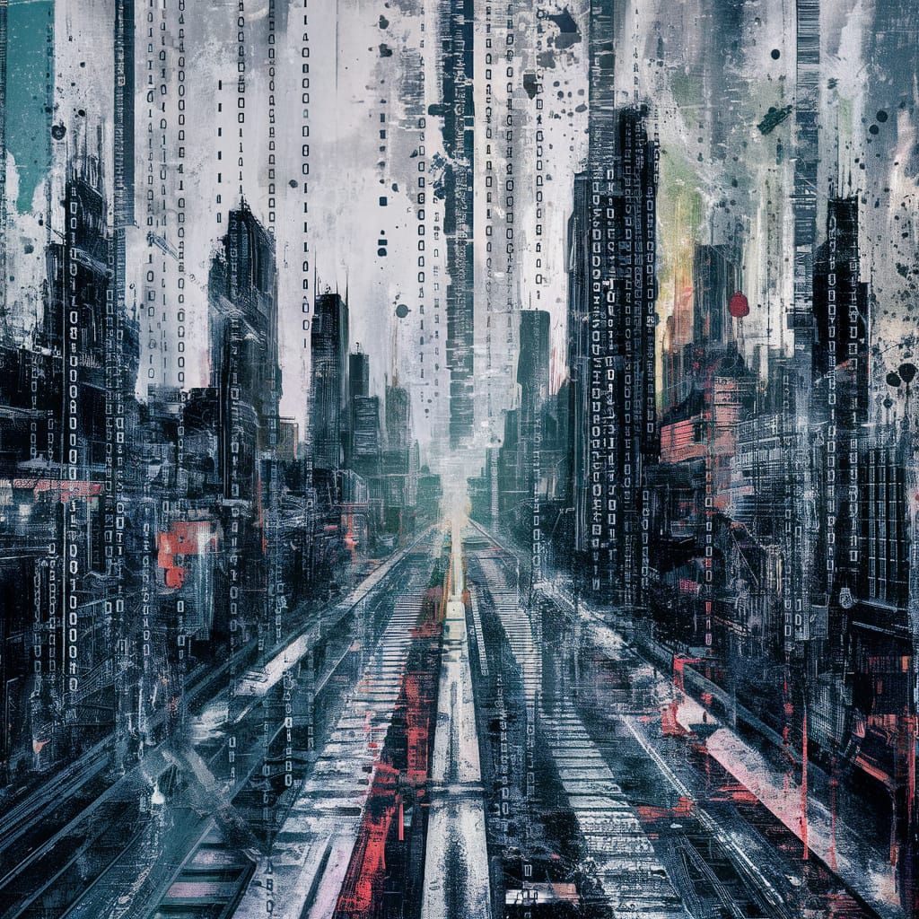 Digital Downtown - Futuristic Cityscape in Matrix Style with...