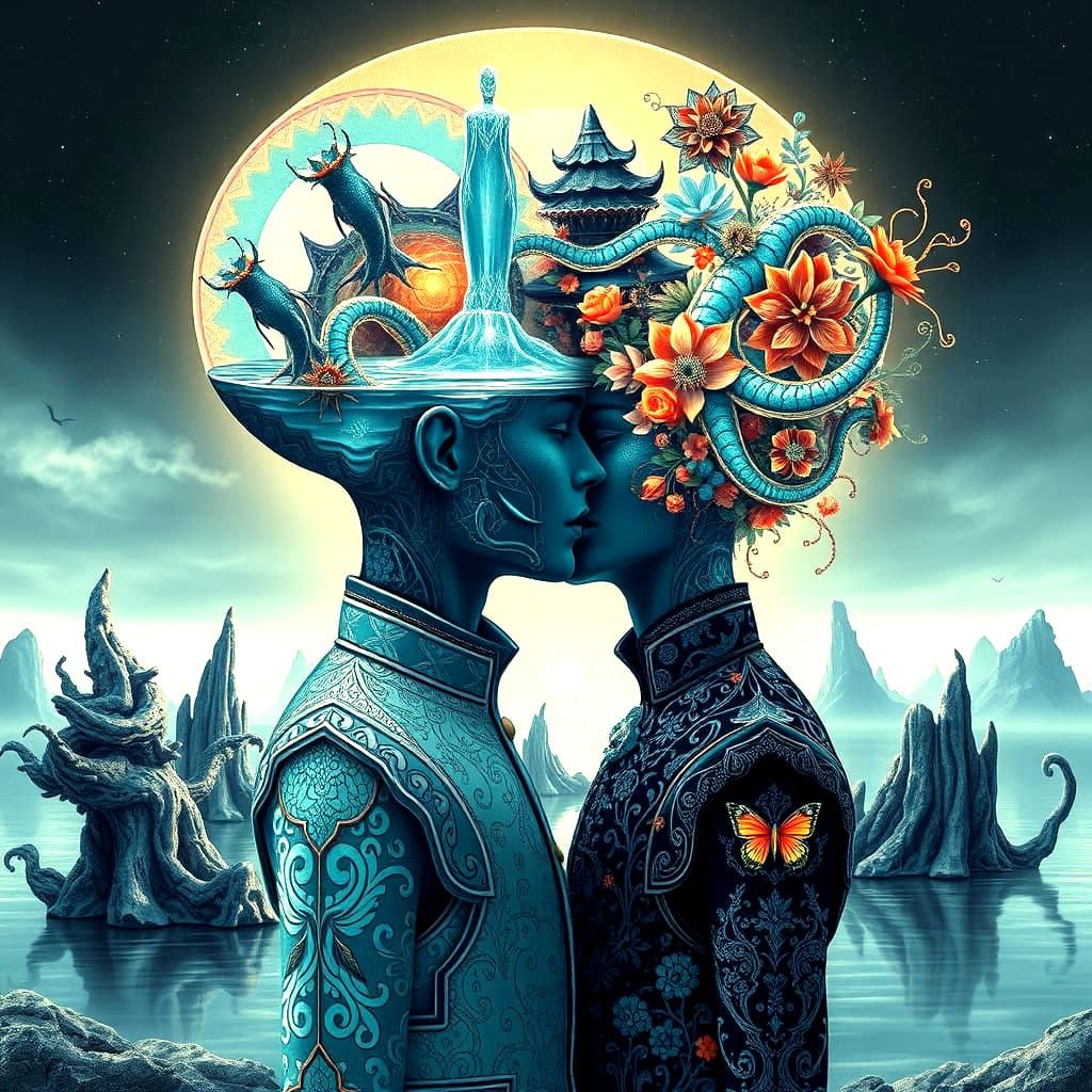 two opposing surreal figures reveal a detailed illusionary drawing of ...