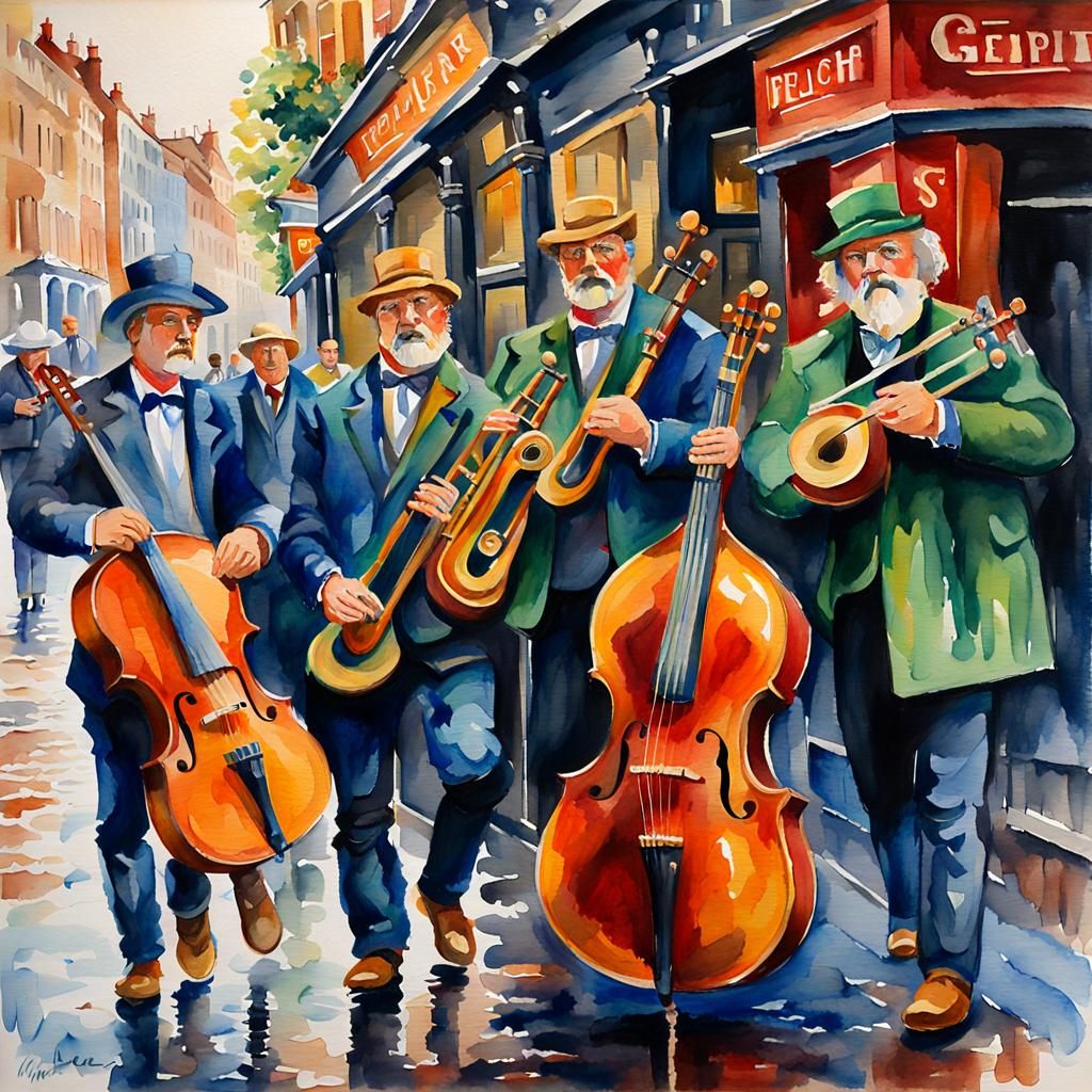 Ceoltóirí ag seinm i mBarra an Teampaill, Baile Átha Cliath. - AI Generated Artwork - NightCafe ...