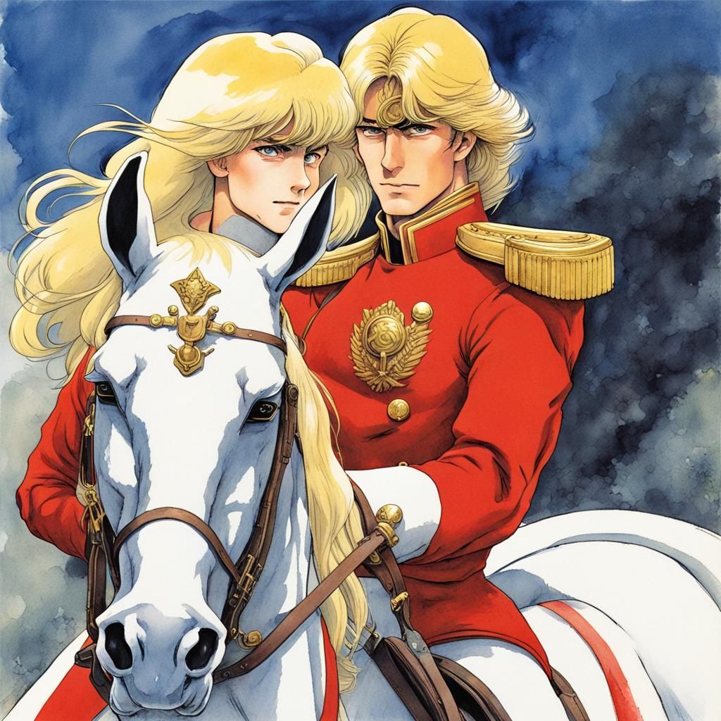 Char Aznable riding a white horse, red military dress uniform ...