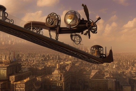 Steampunk flying contraption ready for takeoff over Steampunk City - AI ...