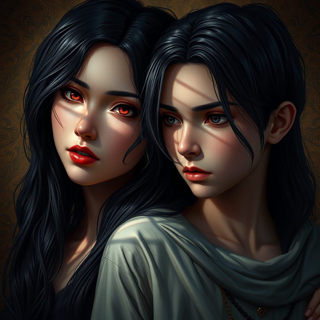 Mysterious Duo in Triadic Color Scheme - AI Art