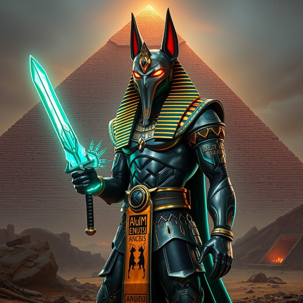Anubis, in sci-fi armor, standing in front of a pyramid, with an ...