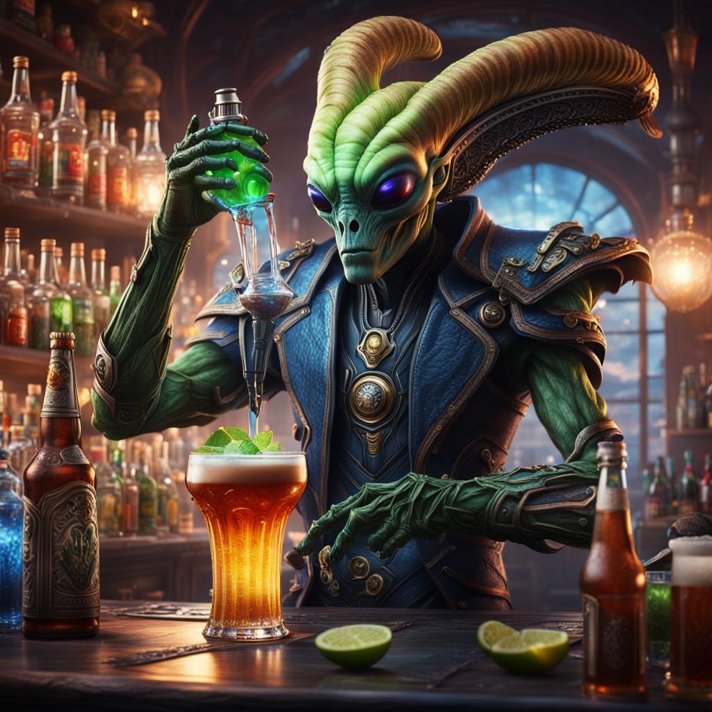 alien bartender making a cocktail with large Cerveza Cristal bottled ...
