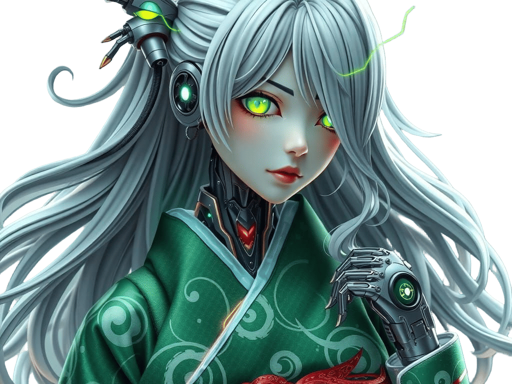 Anime Robot Geisha with green hair - Anime Robot Geisha with...