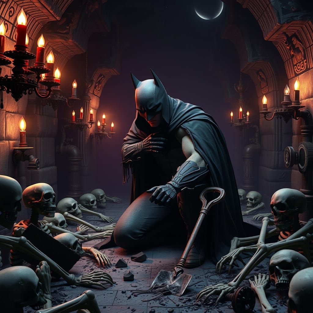 Gothic Batman Amidst Ancient Skeletons in Haunting... - AI Art