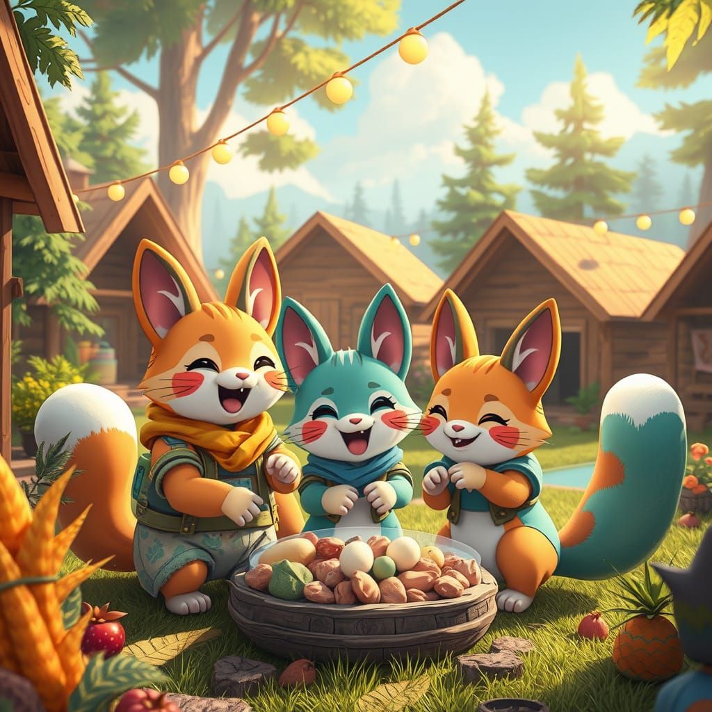 Whimsical Kitsunes Build a Vibrant Summer Camp Foo... - AI Art