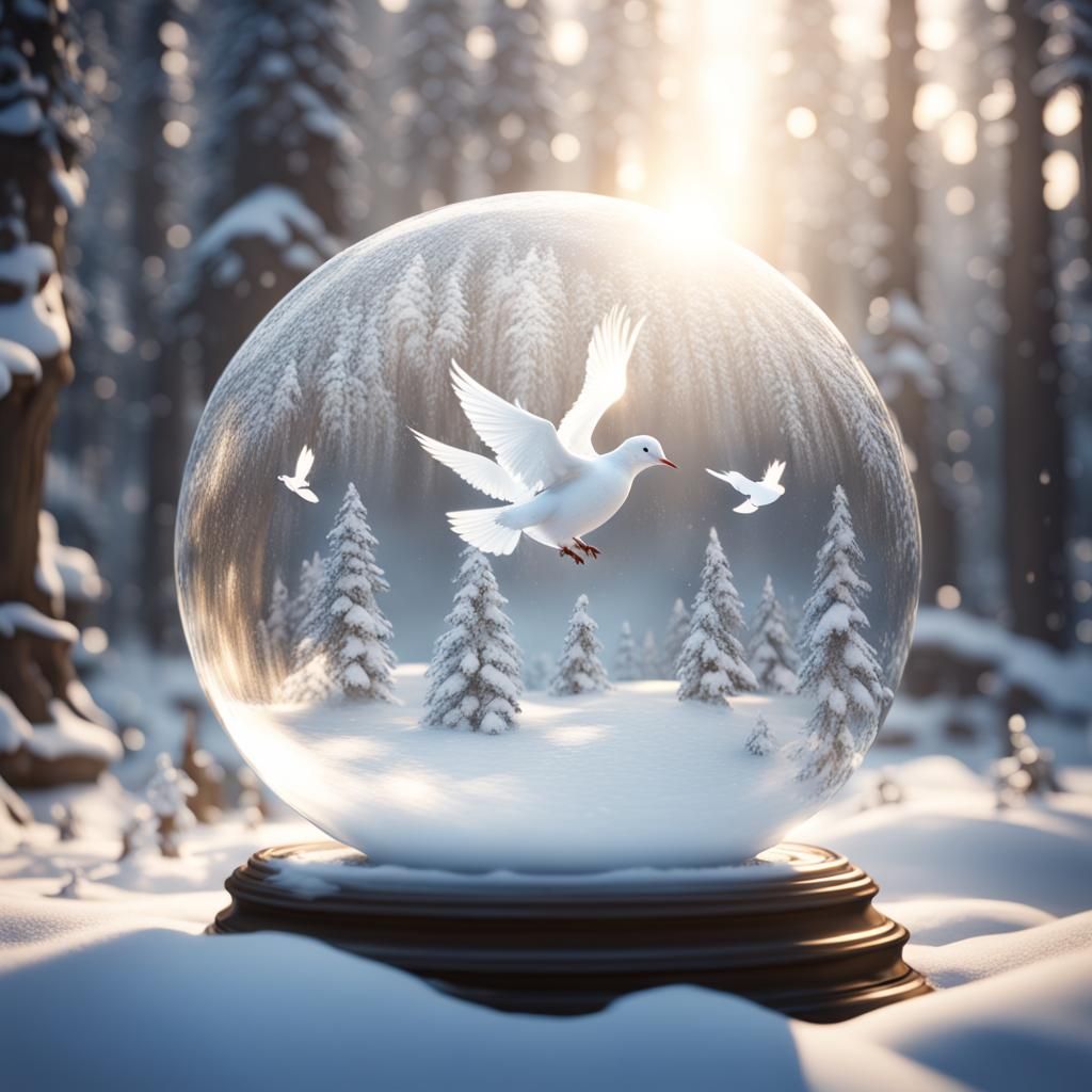 large snow crystal ball showing reflection of peace and dove - AI ...