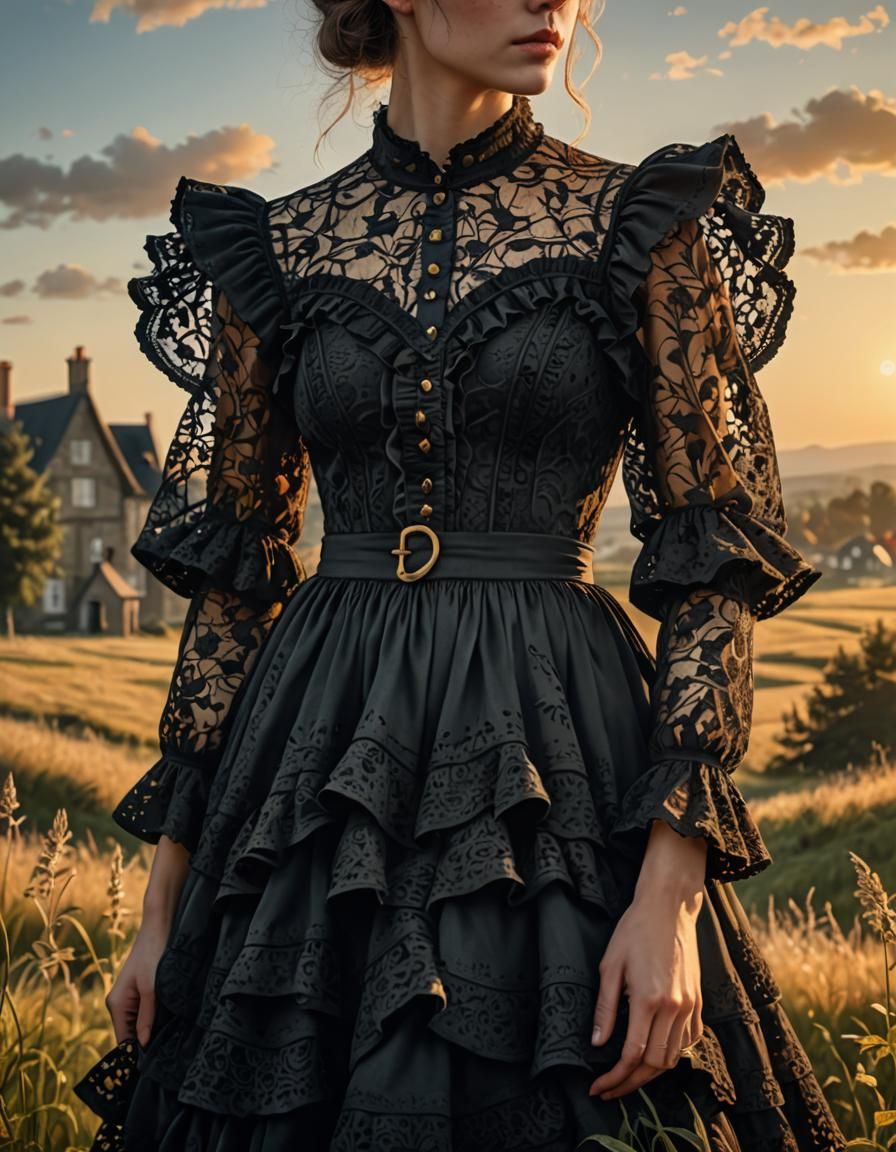 Black, ruffled, lace dress. - AI Generated Artwork - NightCafe Creator