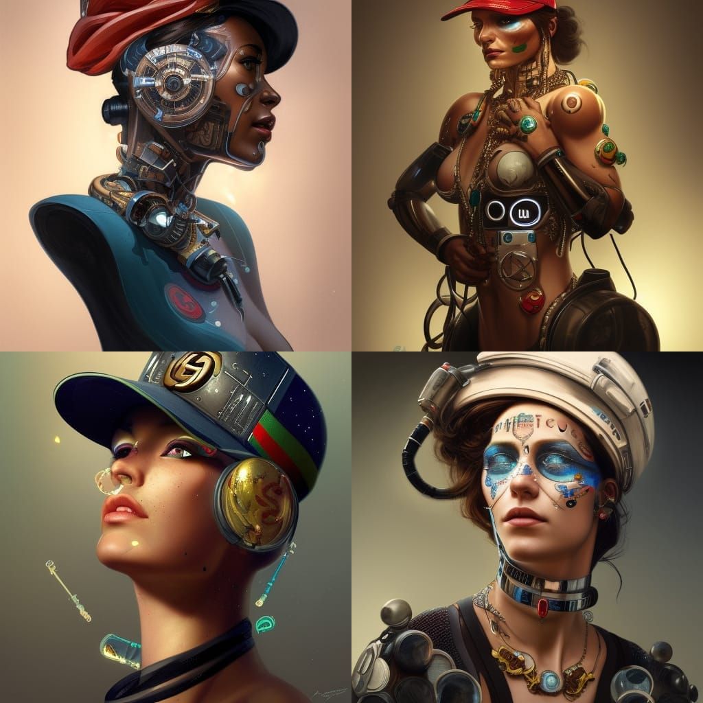 Cyborg bartender wearing Gucci hat, face tattoos, head and shoulders portrait, 8k resolution ...