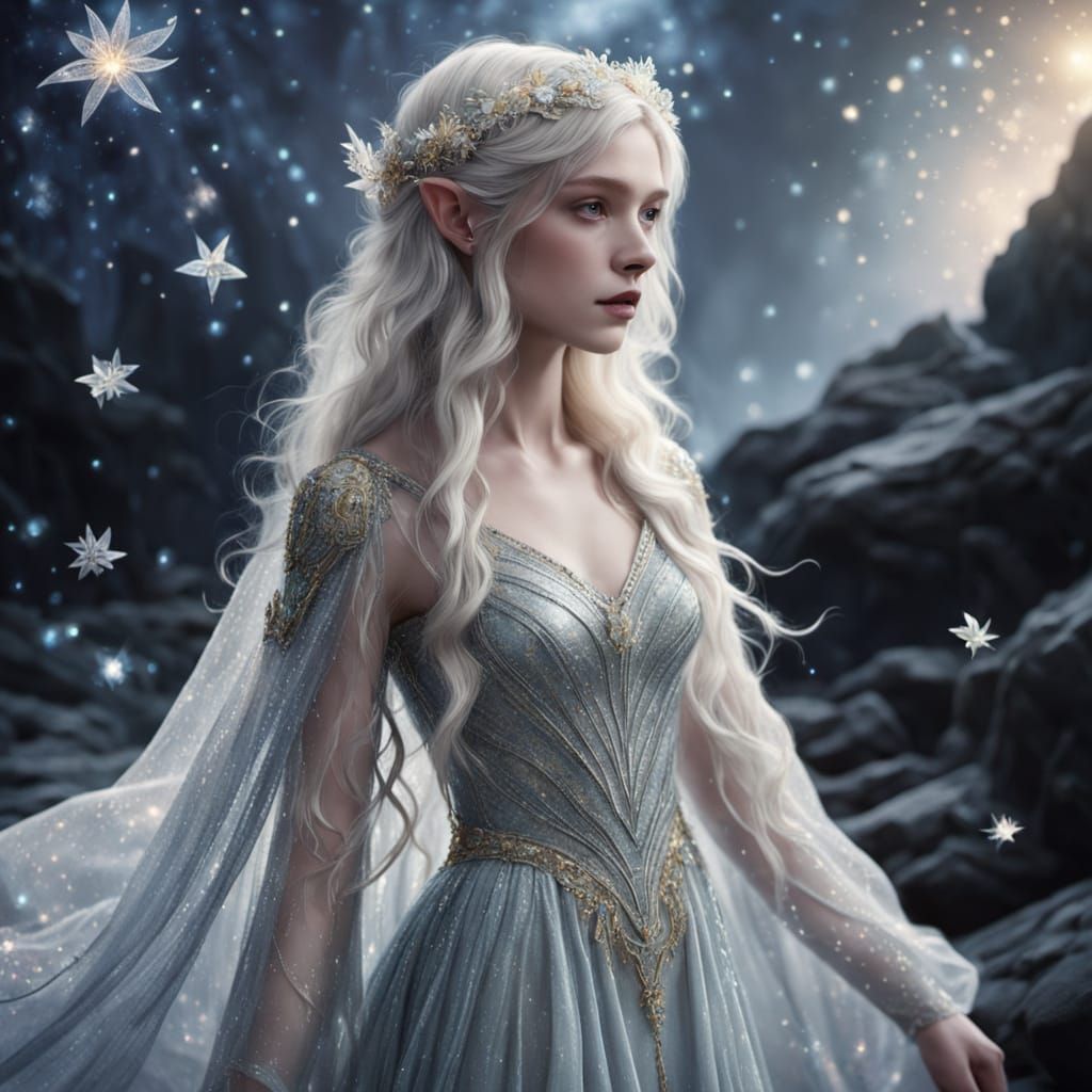 Ethereal Elf Princess in Shimmering Stardust Gown - AI Art