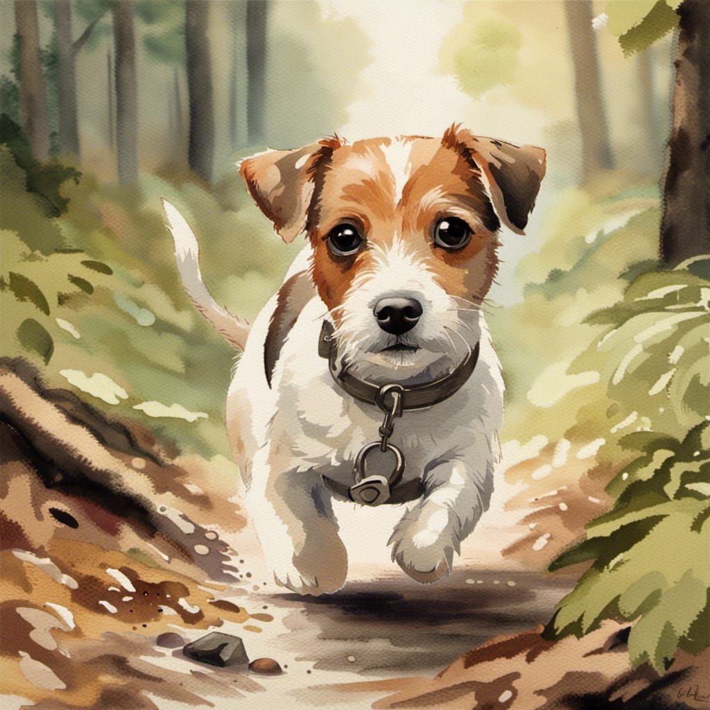 cute Jack Russell terrier, wandering through forest, chibii, vintage ...
