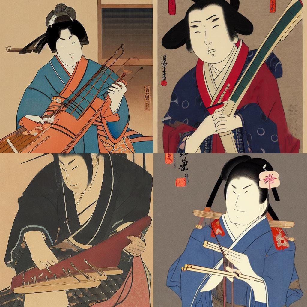 Please create a portrait of a Japanese character playing a musical ...